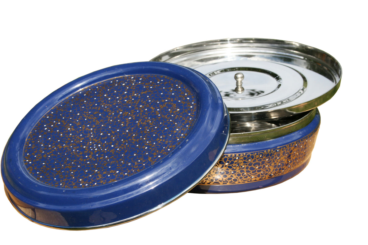 Blue & Gold Designed Handpainted Masala Dabba – Indian-Tiffin LunchBox